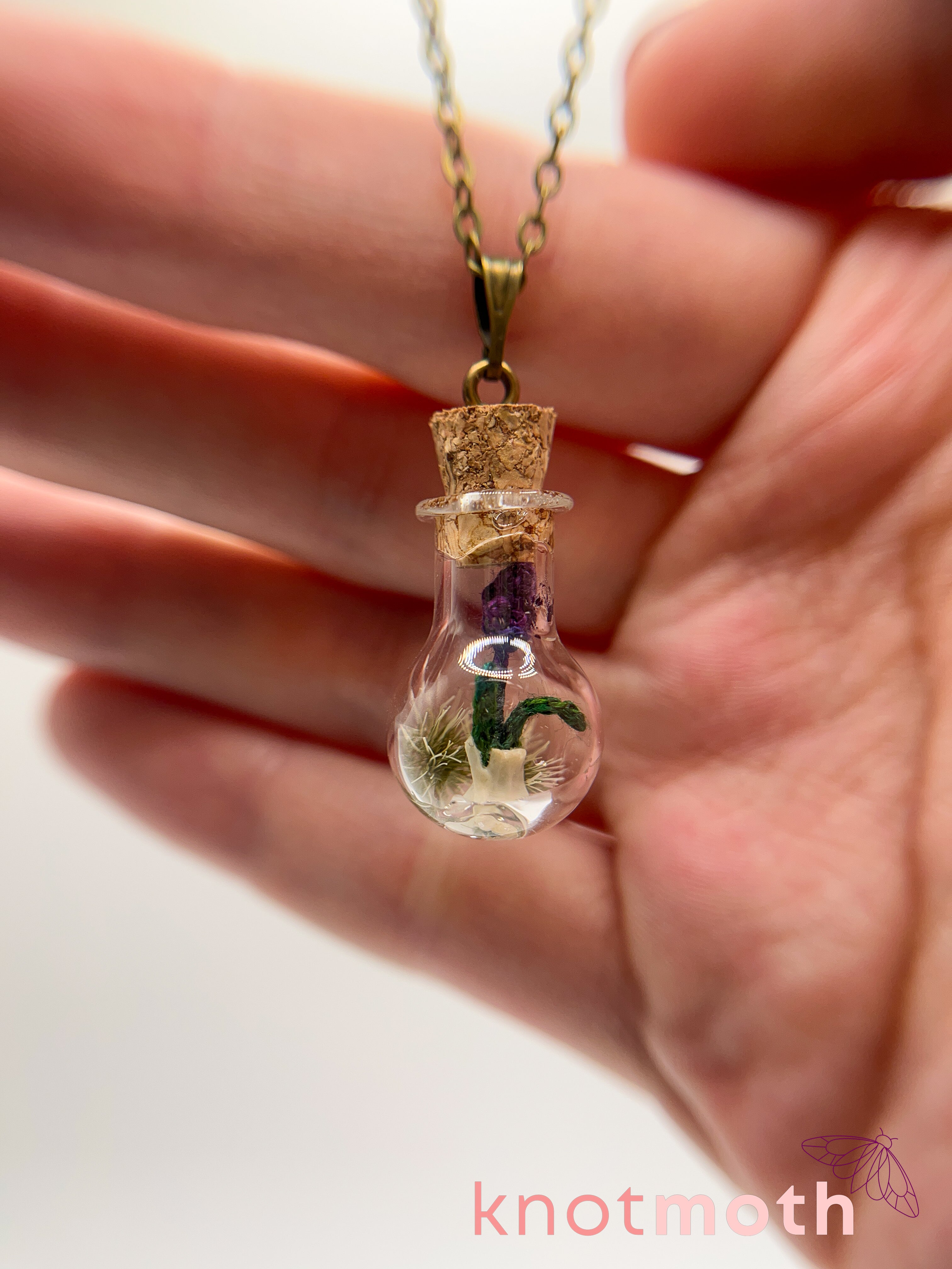 lavender & vertebra bone micro crochet mini jar necklace – knot moth